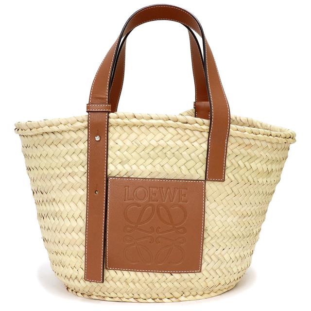 （未使用　展示品）ロエベ LOEWE バスケット ミディアム トートバッグ ラフィア カーフスキン レザー タン ブラウン ナチュラル シルバー金具 A223S92XAX
