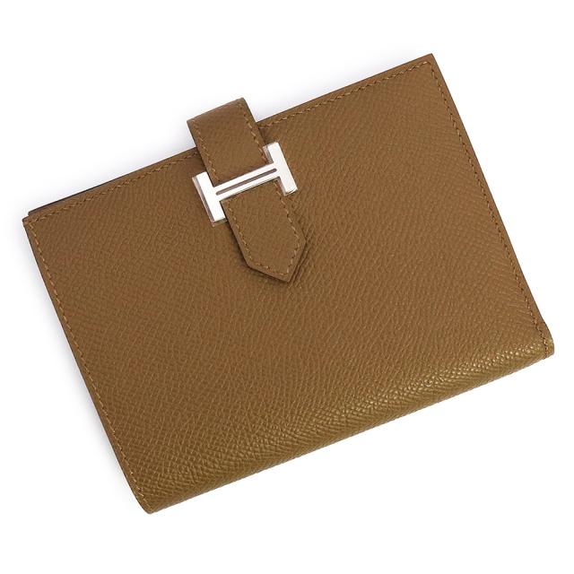 （新品・未使用品）エルメス HERMES ベアン コンパクト 二つ折り財布 ヴォーエプソン レザー アルザン ブラウン シルバー金具 W刻印 箱付
