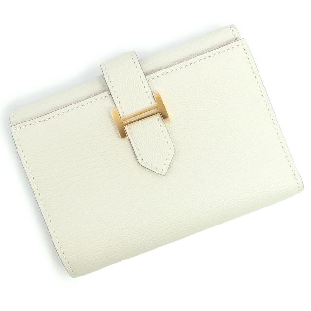 （新品・未使用品）エルメス HERMES ベアン コンビネ コンパクト 三つ折り財布 シェブル シェーブルミゾール レザー マッシュルーム ホワイト ゴールド金具 W刻印 箱付