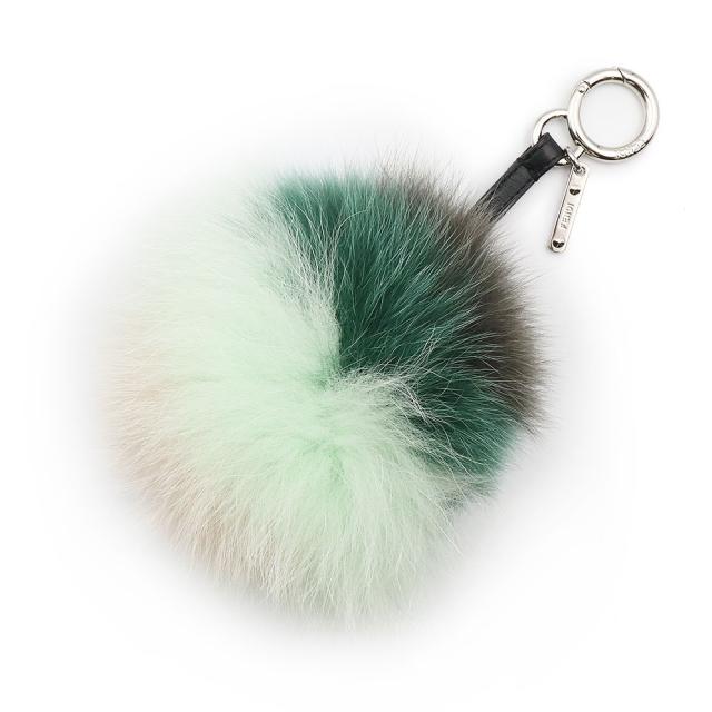 （未使用　展示品）フェンディ FENDI ポンポン チャーム キーホルダー フォックスファー レザー トリコロール グリーン ブラック ピンク シルバー金具 7AR259