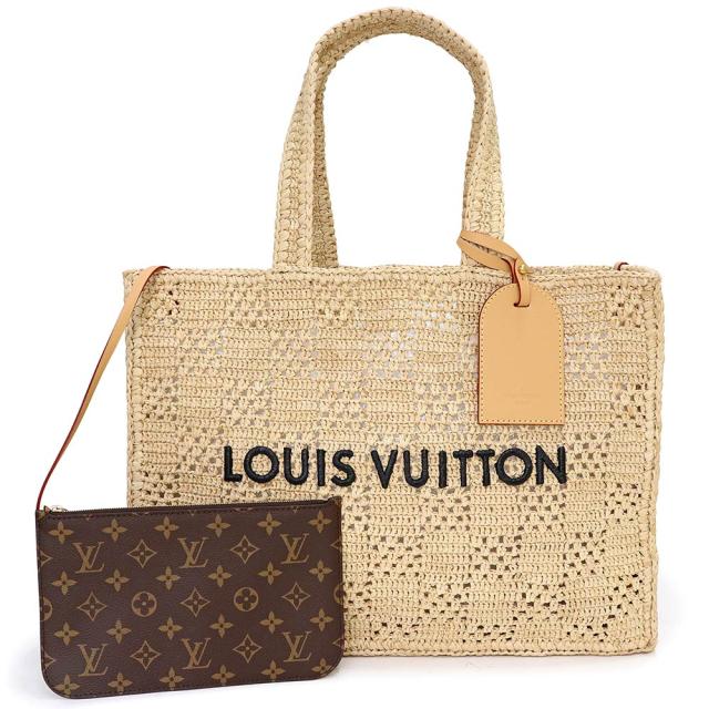 （新品・未使用品）ルイ ヴィトン LOUIS VUITTON サマーショッパー MM トートバッグ ヌメ革 レザー ダミエラフィア ナチュラルベージュ アンティークゴールド金具 M25008