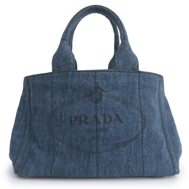 （美品）プラダ PRADA カナパ トライアングル 三角ロゴ トート ハンドバッグ デニム AVIO アヴィオ ブルー ネイビー ゴールド金具 B1877B