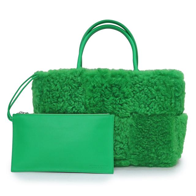 （未使用　展示品）ボッテガヴェネタ BOTTEGA VENETA ポーチ付き イントレチャート スモール アルコ トート ハンドバッグ ムートン ラムスキン レザー グリーン シルバー金具 652867