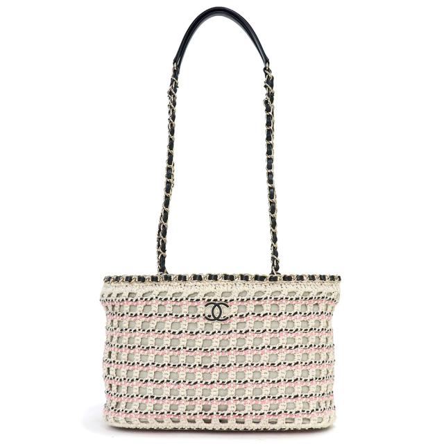 （未使用　展示品）シャネル CHANEL スモール ショッピング トート クロッシェ チェーン ショルダーバッグ 斜め掛け コットン レザー マルチカラー ホワイト ブラック ピンク ゴールド金具 AS5235