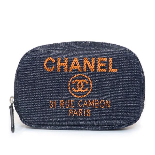 （新品・未使用品）シャネル CHANEL ドーヴィル ココマーク ミニ 化粧ポーチ コスメポーチ デニム ブルー オレンジ シルバー金具 A84210 箱付