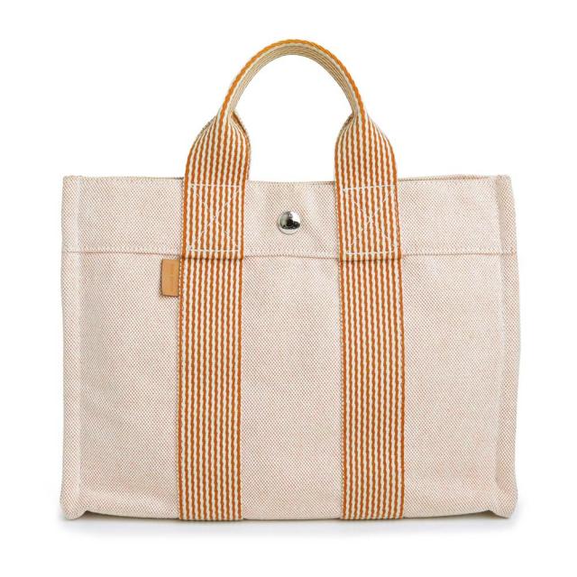 （中古）エルメス HERMES ニューフールトゥ PM トート ハンドバッグ トワルアッシュ キャンバス オレンジ シルバー金具