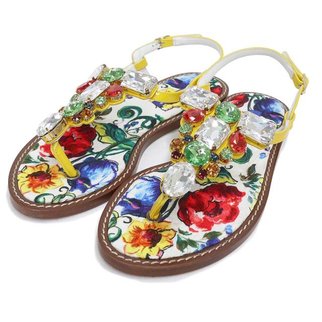（未使用保管品）ドルチェアンドガッバーナ DOLCE&GABBANA フラットサンダル マヨリカ トング 靴 #35.5 22.5cm エナメル ラインストーン マルチカラー シルバー金具 CO0085