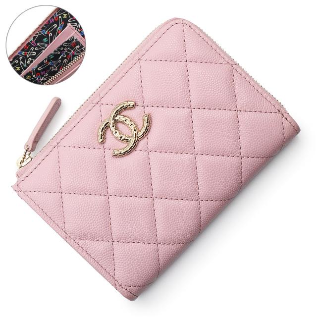 （新品・未使用品）シャネル CHANEL ココマーク マトラッセ L字ファスナー コンパクトウォレット カードケース 名刺入れ 定期入れ パスケース ケース 小銭入れ 財布 キャビアスキン レザー ピンク ゴールド金具 AP4092 箱付