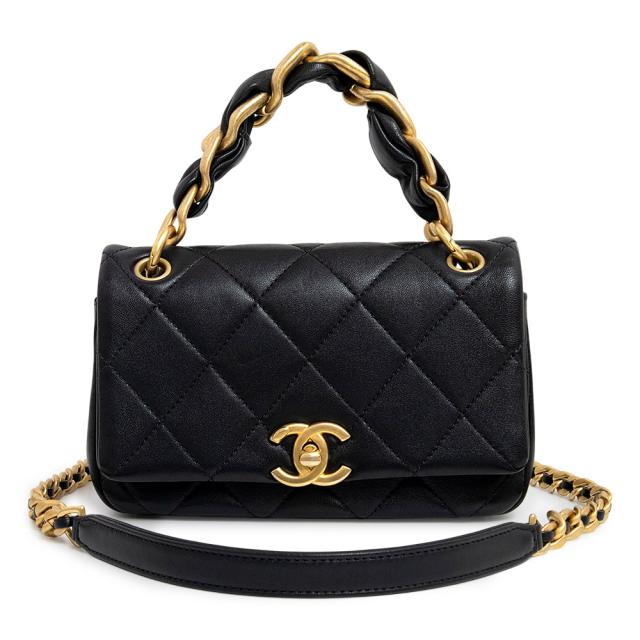 （未使用　展示品）シャネル CHANEL スモール マトラッセ 2Way チェーン ショルダー ハンドバッグ 斜め掛け ラムスキン レザー ブラック アンティークゴールド金具 AS2387 箱付