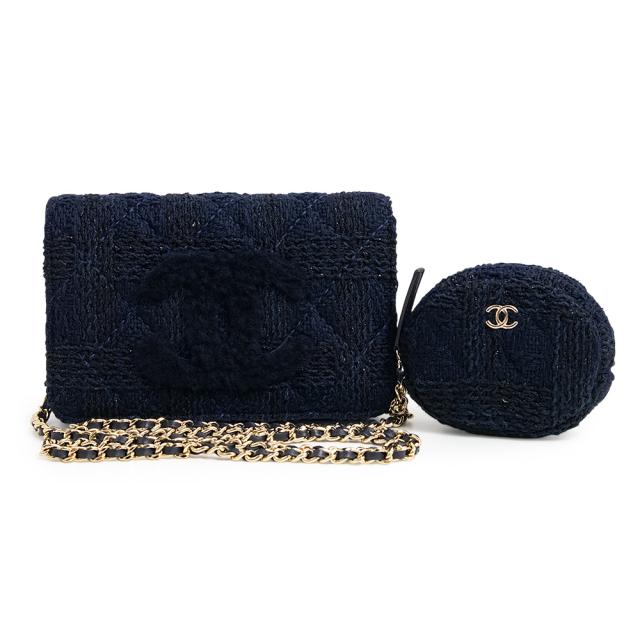 （未使用　展示品）シャネル CHANEL マトラッセ ココマーク チェーンウォレット ショルダーバッグ 斜め掛け 長財布 ツイード ネイビー シャンパンゴールド金具 ポーチ付き