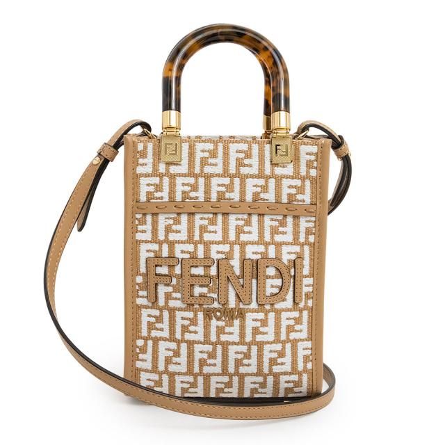 （未使用　展示品）フェンディ FENDI サンシャイン ショッパー ミニ 2Way ショルダー ハンドバッグ 斜め掛け コットン ラフィア レザー ベージュ ホワイト ブラウン ゴールド金具 8BS051
