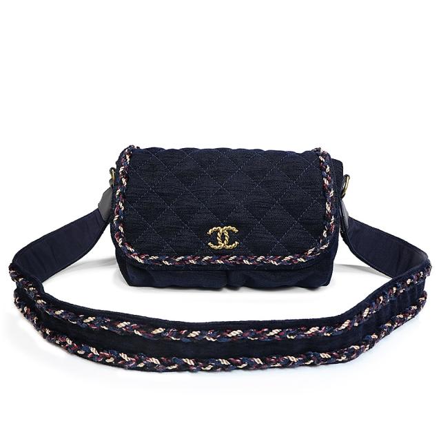 （未使用　展示品）シャネル CHANEL ザルツブルクマトラッセ ショルダーバッグ 斜め掛け ウール ベルベット カーフスキン レザー ネイビー ゴールド金具 A91821