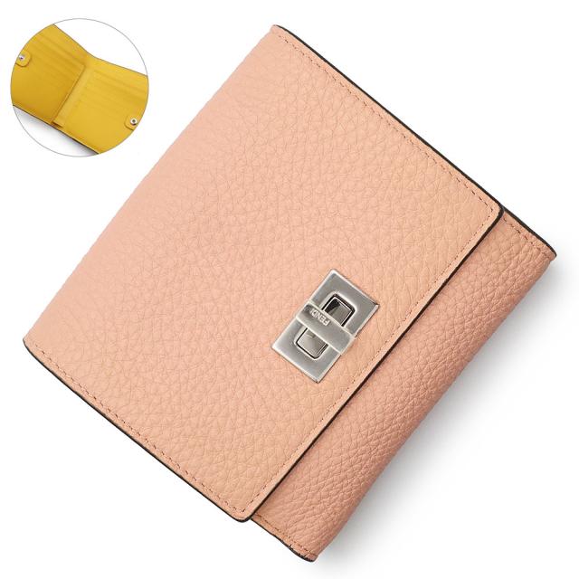 （新品・未使用品）フェンディ FENDI ピーカブー セレリア 二つ折り財布 カーフスキン レザー バイカラー ベビーピンク ミモザ イエロー シルバー金具 8M0438