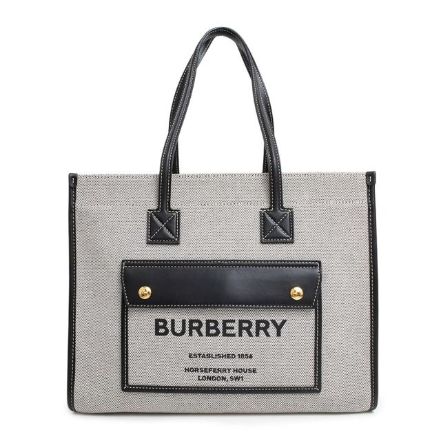（美品）バーバリー BURBERRY スモール フレヤトート トートバッグ コットンキャンバス カーフスキン レザー ブラック ゴールド金具 8044137