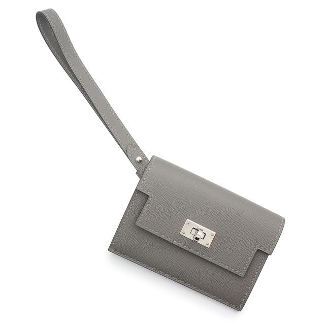 （未使用　展示品）エルメス HERMES ケリー ポケット スリム ウォレット 二つ折り財布 ヴォーマダム レザー グリメイヤー グレー シルバー金具 B刻印 箱付