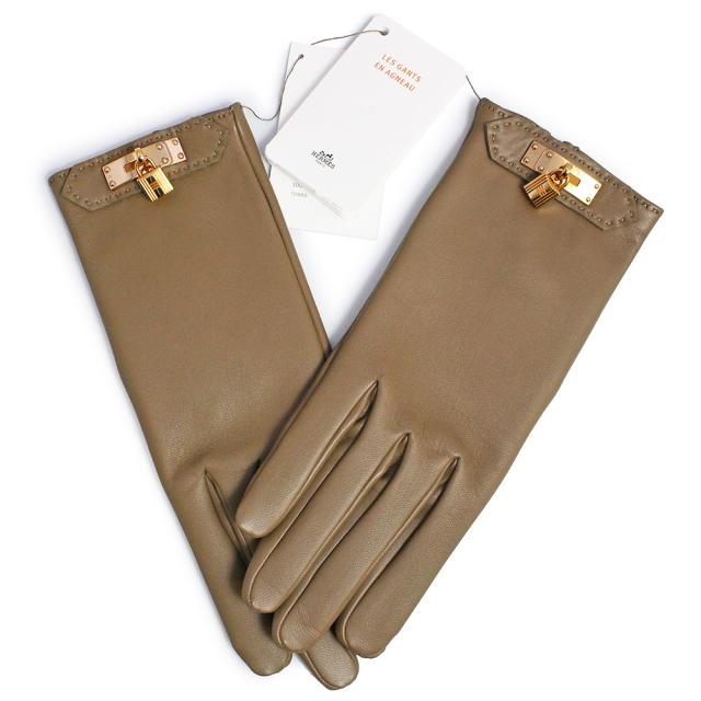 （未使用保管品）エルメス HERMES ケリー ソヤ 手袋 #6 1/2 グローブ ラムスキン レザー エトゥープ エトープ グレージュ ゴールド金具 箱付