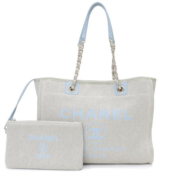 （未使用　展示品）シャネル CHANEL ココマーク チェーン ドーヴィル MM トートバッグ キャンバス レザー ベージュ ライトブルー ライトゴールド金具 A67001 箱付
