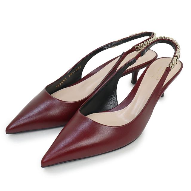 （未使用保管品）グッチ GUCCI シニョリーア スリングバック チェーンロゴ パンプス ミュール サンダル シューズ 靴 #38.5 25.5cm レザー ロッソ アンコーラ ボルドー ゴールド金具 782832 箱付