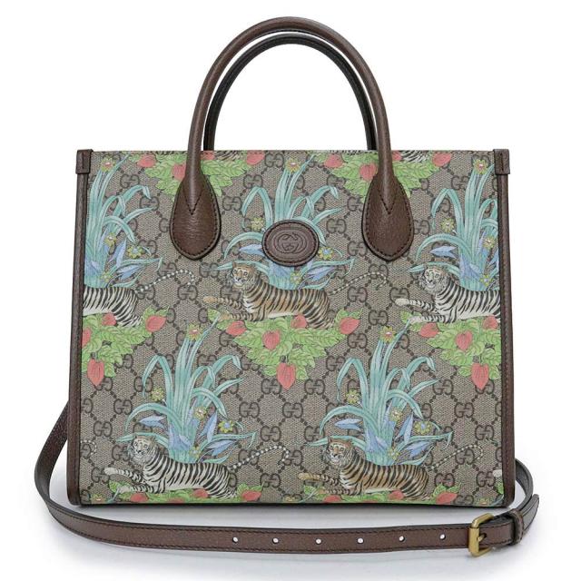 （新品・未使用品）グッチ GUCCI TIGER タイガー スモール トート 2WAY ショルダー ハンドバッグ 斜め掛け GGスプリームキャンバス レザー ブラウン アンティークゴールド金具 659983
