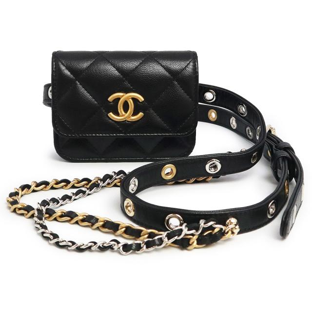 （新品・未使用品）シャネル CHANEL マトラッセ ココマーク ミニ ウエストバッグ ポーチ ゴートスキン レザー ブラック アンティークゴールド シルバー金具 AP2549 箱付