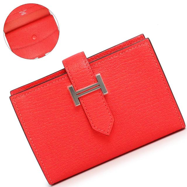 （新品・未使用品）エルメス HERMES ベアン ミニ コンパクト 二つ折り財布 ケース カードケース パスケース 小銭入れ 名刺入れ 定期入れ シェブル シェーブルミゾール レザー ローズテキサス ピンクオレンジ シルバー金具 W刻印 箱付