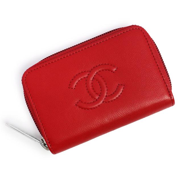 （未使用　展示品）シャネル CHANEL ココステッチ ジップ カード  パスケース 名刺入れ 定期入れ 小銭入れ 財布 カーフスキン レザー レッド シルバー金具 A68890 箱付
