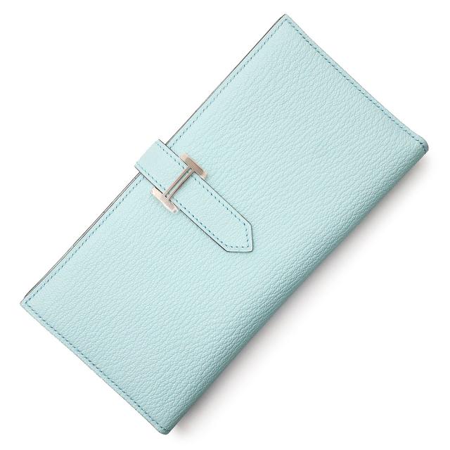 （新品・未使用品）エルメス HERMES ベアン スフレ 二つ折り長財布 シェブル シェーブルミゾール レザー ブルーゼフィール シルバー金具 B刻印 箱付