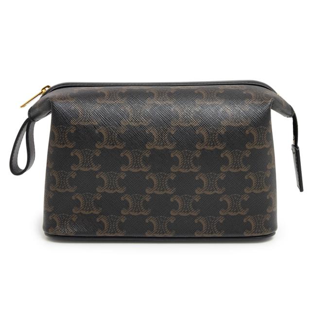 （未使用　展示品）セリーヌ CELINE トイレットポーチ 化粧ポーチ トリオンフキャンバス レザー タン ブラウン ゴールド金具 10D502BTB