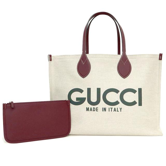 （新品・未使用品）グッチ GUCCI プリント ラージ トートバッグ コットンキャンバス レザー ベージュ グリーン シルバー金具 ポーチ付 772177