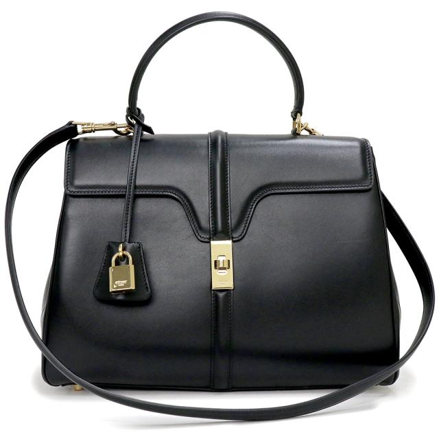 （中古）セリーヌ CELINE クラシック 16 セーズ ミディアム ショルダー ハンドバッグ 2way 斜め掛け サテンドカーフスキン ラムスキン レザー ブラック ゴールド金具 187373BEY
