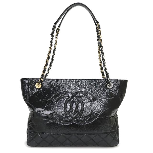 （美品）シャネル CHANEL ココマーク マトラッセ チェーン ショッピング トートバッグ シャイニーエイジドカーフスキン レザー ブラック アンティーク ゴールド シルバー金具 AS1875