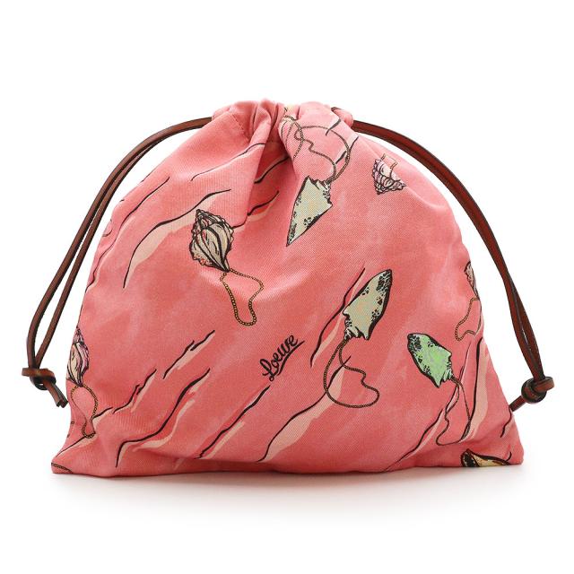 （未使用保管品）ロエベ LOEWE パラウズ イビザ シェル 貝殻 ドロー ストリング ポーチ 巾着 コットンキャンバス カーフスキン レザー ピンクチューリップ C822057X12