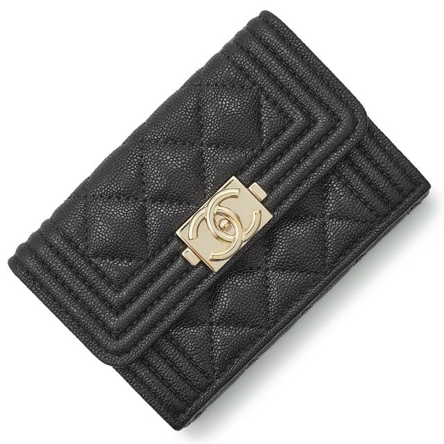 （未使用　展示品）シャネル CHANEL ボーイシャネル スモール フラップ ウォレット コンパクト 三つ折り財布 キャビアスキン レザー ブラック ゴールド金具 A84432