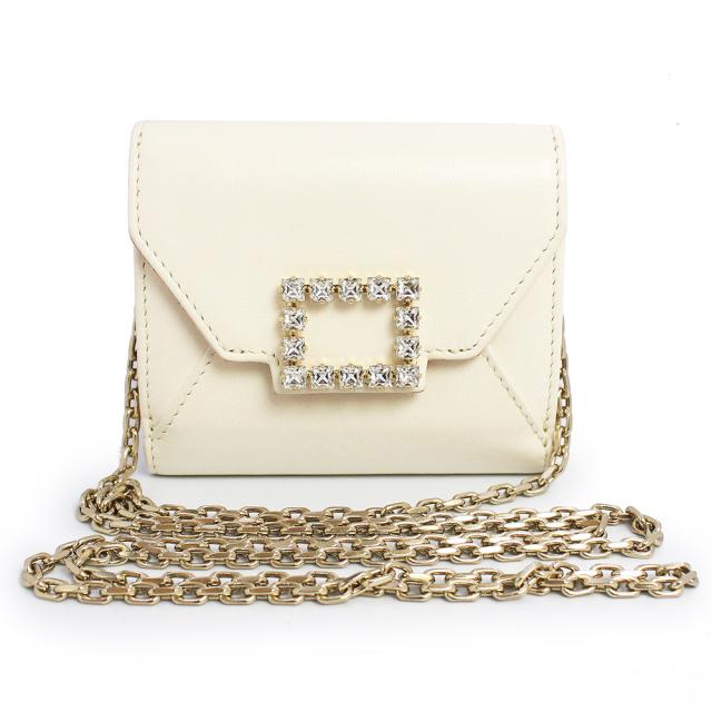 （未使用　展示品）ロジェ ヴィヴィエ Roger Vivier トレ TRES ストラス ミニ チェーンウォレット 斜め掛け コンパクト 三つ折り財布 レザー アイボリー ピンク ゴールド金具 RAWAVDB0000XMA 箱付