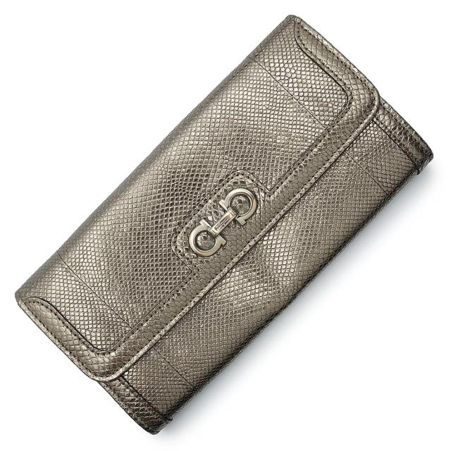 （美品）サルヴァトーレフェラガモ Salvatore Ferragamo ガンチーニ 二つ折り長財布 カーフスキン レザー メタリックグレー ライトゴールド アンティークシルバー金具 22B456 箱付