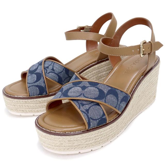 （未使用保管品）コーチ COACH エスパドリーユ ウェッジソール サンダル 靴 #7 24cm レザー キャンバス ブルー ブラウン ゴールド金具 C9127
