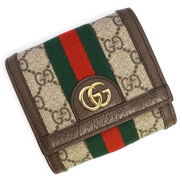 （美品）グッチ GUCCI オフィディア GG コンパクト 三つ折り財布 GGスプリームキャンバス レザー ベージュ エボニー ゴールド金具 ？598662 箱付