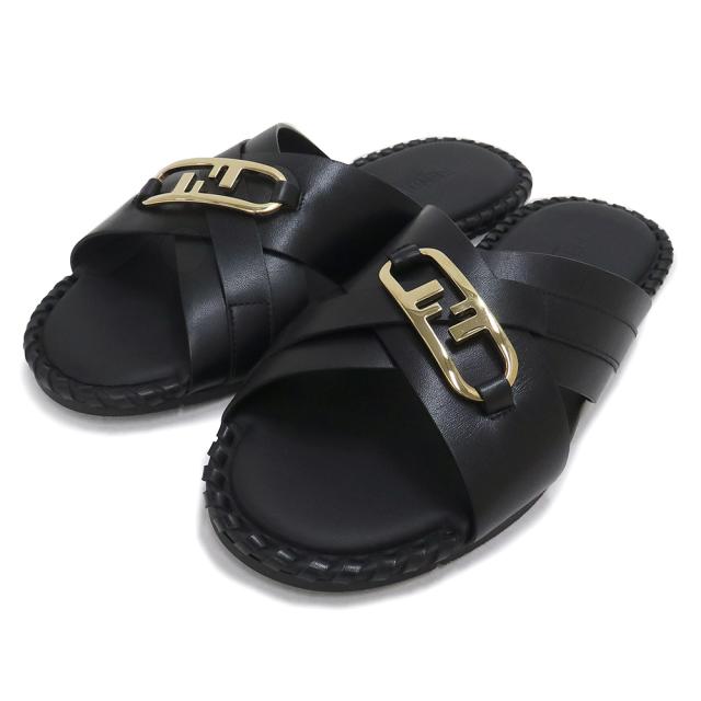 （未使用保管品）フェンディ FENDI スライドサンダル 靴 #5 24cm カーフスキン レザー ブラック ゴールド金具 7X1585 箱付