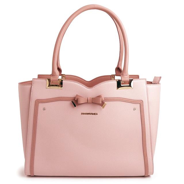 （中古）サマンサベガ Samantha Vega ソリッドリボン トートバッグ 合成皮革 ピンクベージュ ゴールド金具 SA6473AW02729