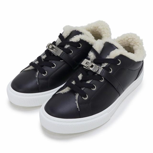 （未使用保管品）エルメス HERMES デイ ケリー バックル スニーカー シューズ 靴 #36 23cm 23.5cm カーフスキン レザー ムートン ブラック シルバー金具 箱付