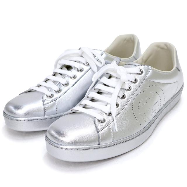 （未使用保管品）グッチ GUCCI エース インターロッキングG スニーカー シューズ 靴 #9 28cm メタリックレザー シルバー 660266 箱付