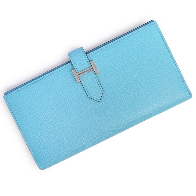 （新品・未使用品）エルメス HERMES ベアン スフレ 二つ折り長財布 ヴォーエプソン レザー セレスト セレステ ライトブルー シルバー金具 B刻印 箱付