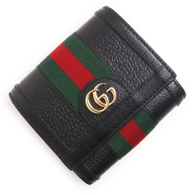 （新品・未使用品）グッチ GUCCI オフィディア ウェブ ストライプ GGマーモント 二つ折り財布 カーフスキン レザー ブラック ゴールド金具 719887 箱付