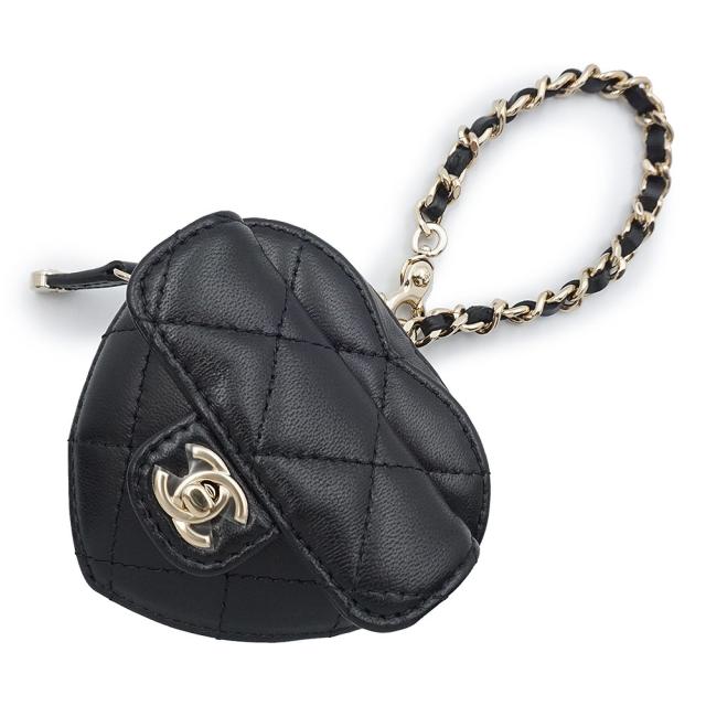 （新品・未使用品）シャネル CHANEL ミニ ハート チェーン バッグチャーム ポーチ ケース 小銭入れ 財布 ラムスキン レザー ブラック ゴールド金具 AP4838 箱付