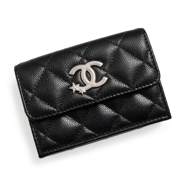 （新品・未使用品）シャネル CHANEL マトラッセ ラインストーン ココスター 星 スモール フラップ ウォレット 三つ折り財布 キャビアスキン レザー ブラック シルバー金具 AP3725 箱付