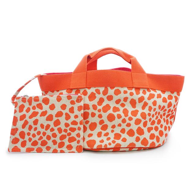 （未使用保管品）エルメス HERMES キッズライン アニモーピクセル アニマル ヒョウ柄 ハンドバッグ コットン50% リネン50% キャンバス ベージュ オレンジ ピンク シルバー金具 箱付