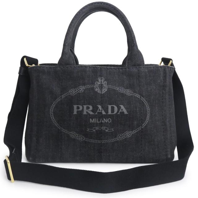 （中古）プラダ PRADA カナパ 三角ロゴ 2WAY 斜め掛け ショルダー ハンドバッグ デニム ネロ ブラック ゴールド金具 1BG439