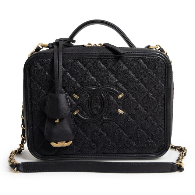 （未使用　展示品）シャネル CHANEL マトラッセ CCフィリグリー ラージ バニティ ケース ココマーク 2Way チェーン ショルダー ハンドバッグ キャビアスキン レザー ブラック アンティークゴールド金具 A93344