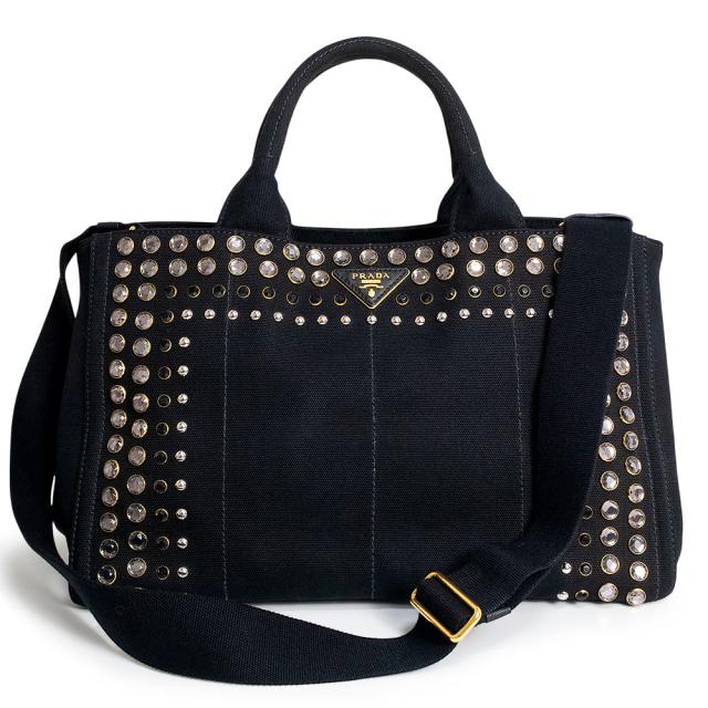 （美品）プラダ PRADA カナパ トート 2Way ショルダー ハンドバッグ 斜め掛け キャンバス ラインストーン ビジュー スタッズ ネロ ブラック ゴールド金具 B1872O