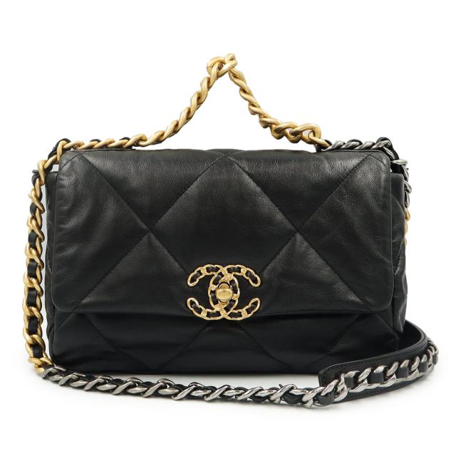 （美品）シャネル CHANEL 19 ナインティーン ココマーク マトラッセ チェーン 2WAY ショルダー ハンドバッグ 斜め掛け シャイニーカーフスキン ブラック アンティークゴールド アンティークシルバー金具 AS1160